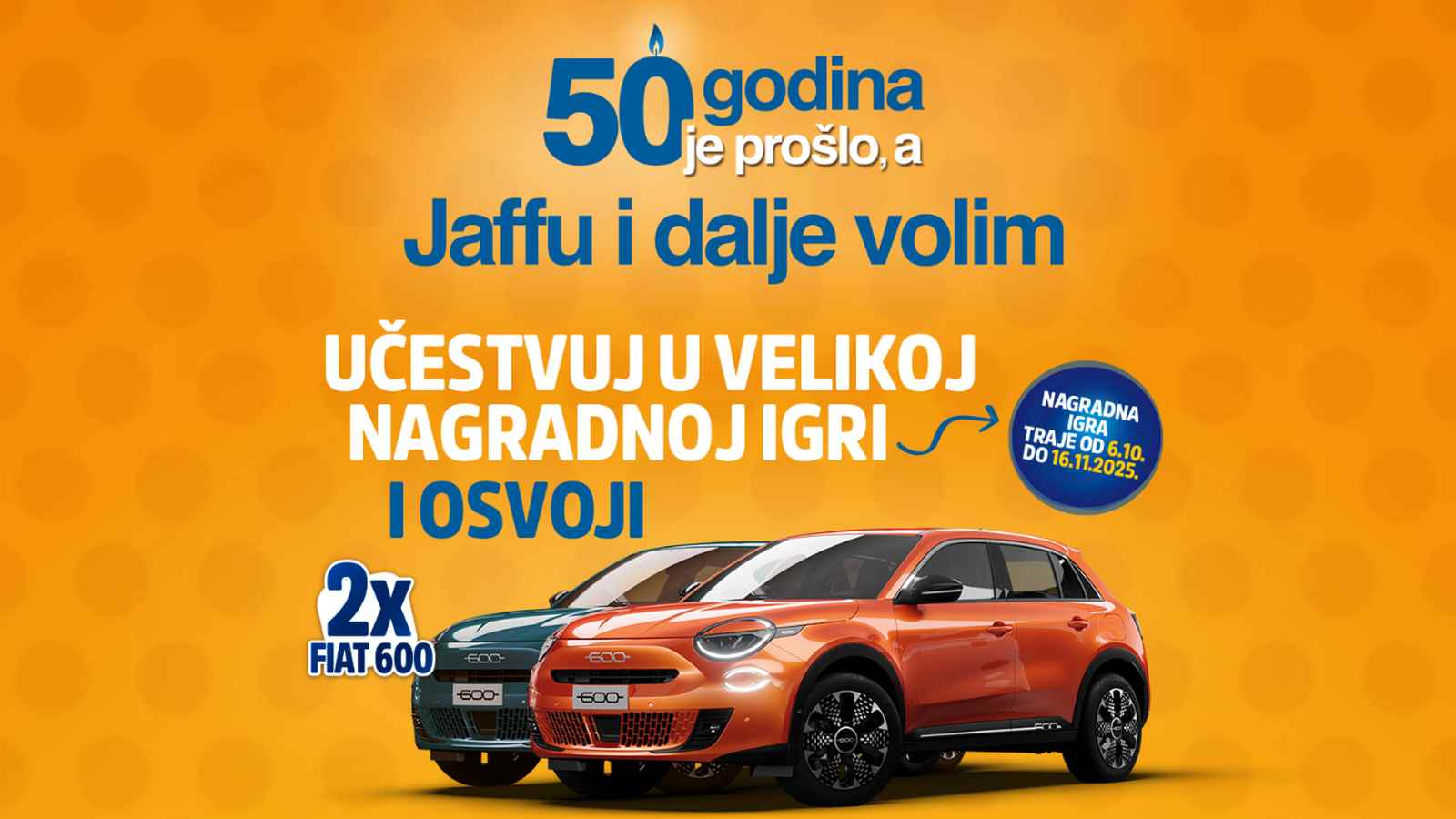 Jaffa nagradna igra 2025: Jaffa 50 za 2 automobila FIAT 600